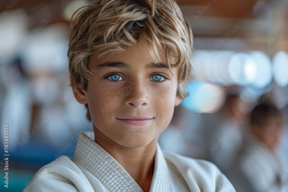 A young judo practitioner with striking blue eyes in a dojo represents ...