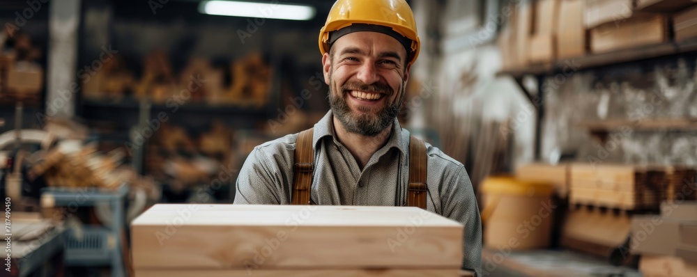 Hardworking employee in a warehouse, carrying lumber with a safety ... Hardworking employee in a warehouse, carrying lumber with a safety ...