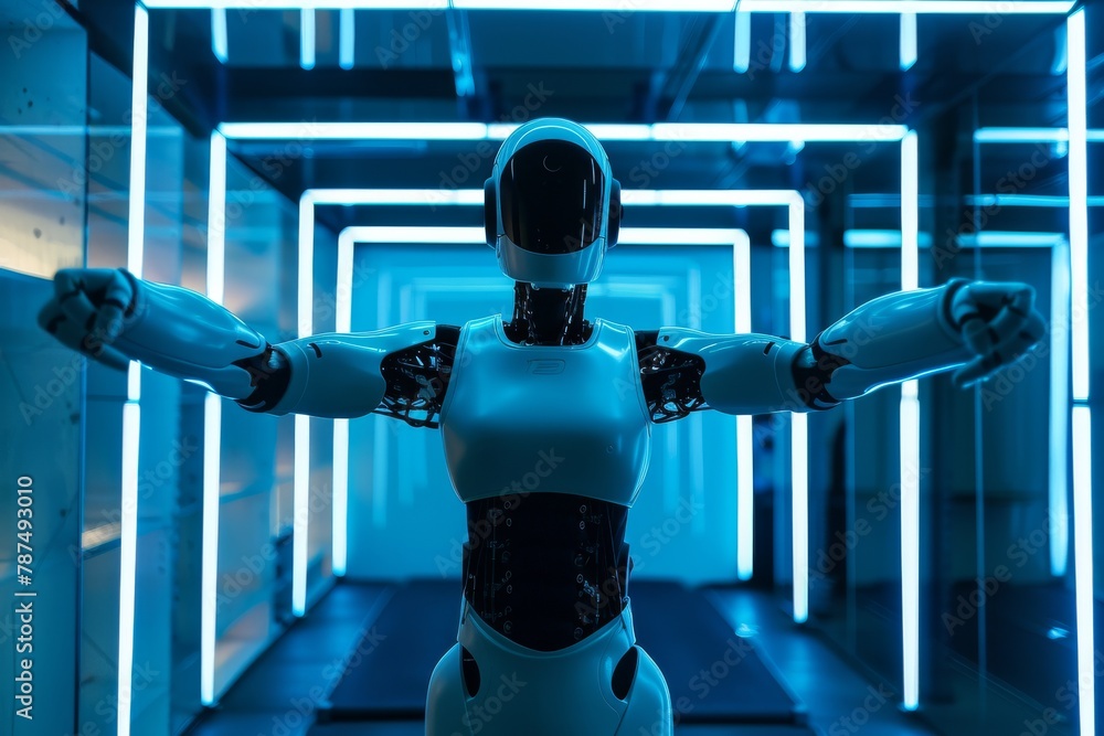 Futuristic robot fitness coach demonstrating exercises in a high-tech ...