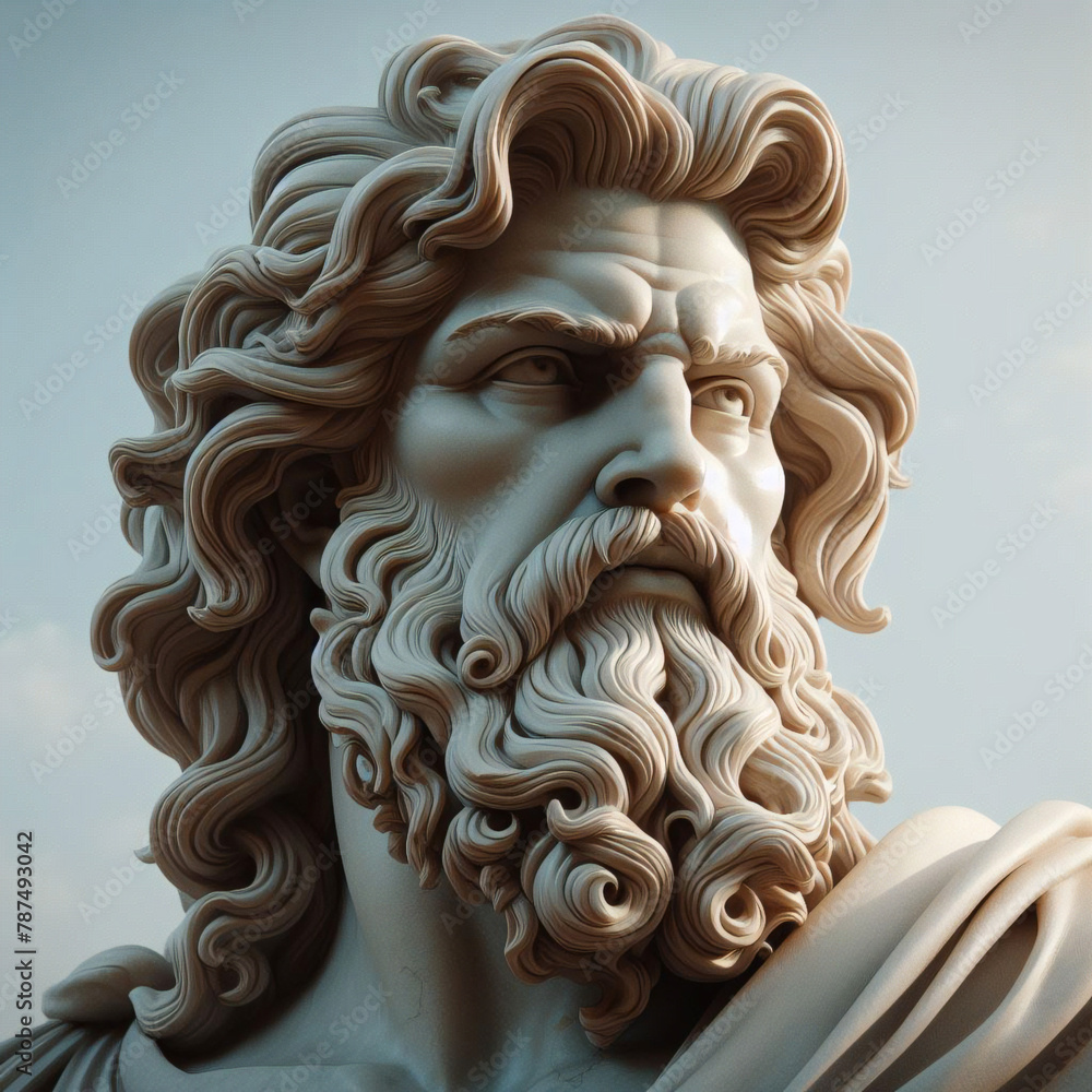 Handsome marble statue of powerful greek god Zeus over dark background ...