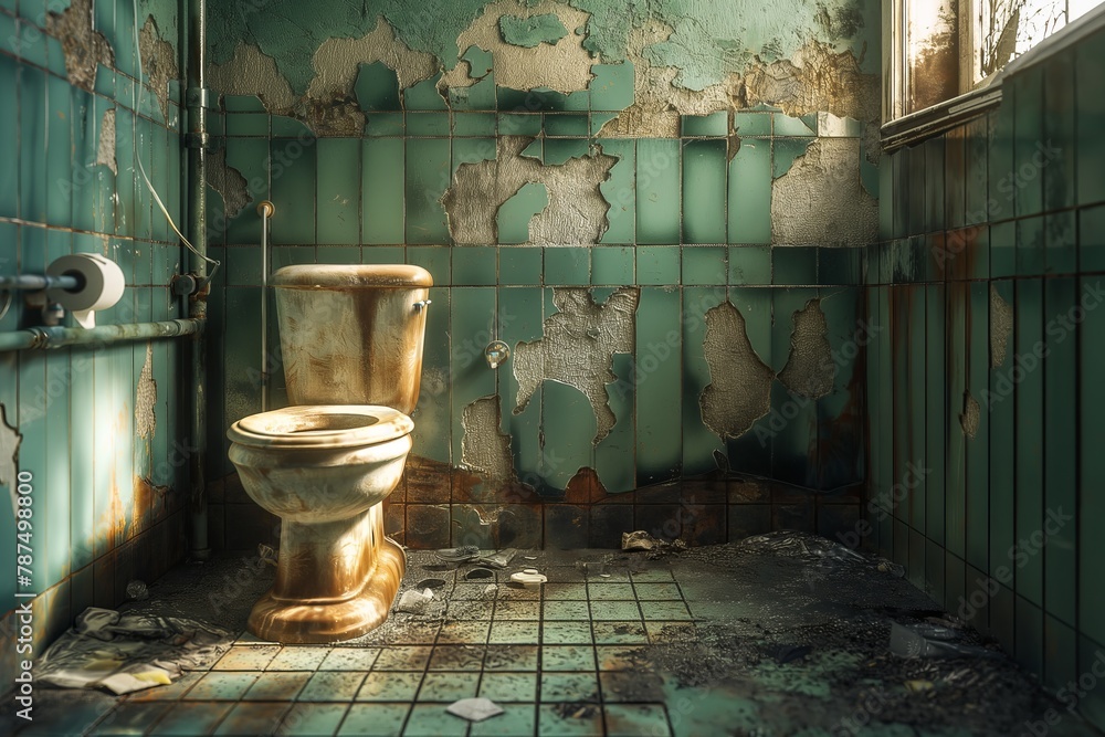 A condemned bathroom with dirty toilets in an abandoned warehouse ...