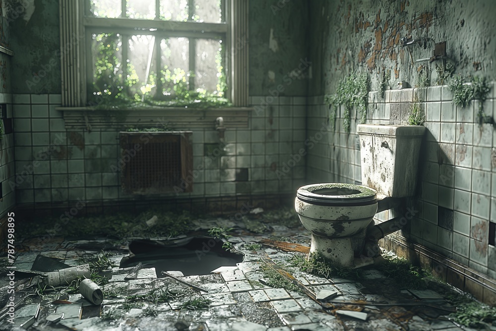 A condemned bathroom with dirty toilets in an abandoned warehouse ...