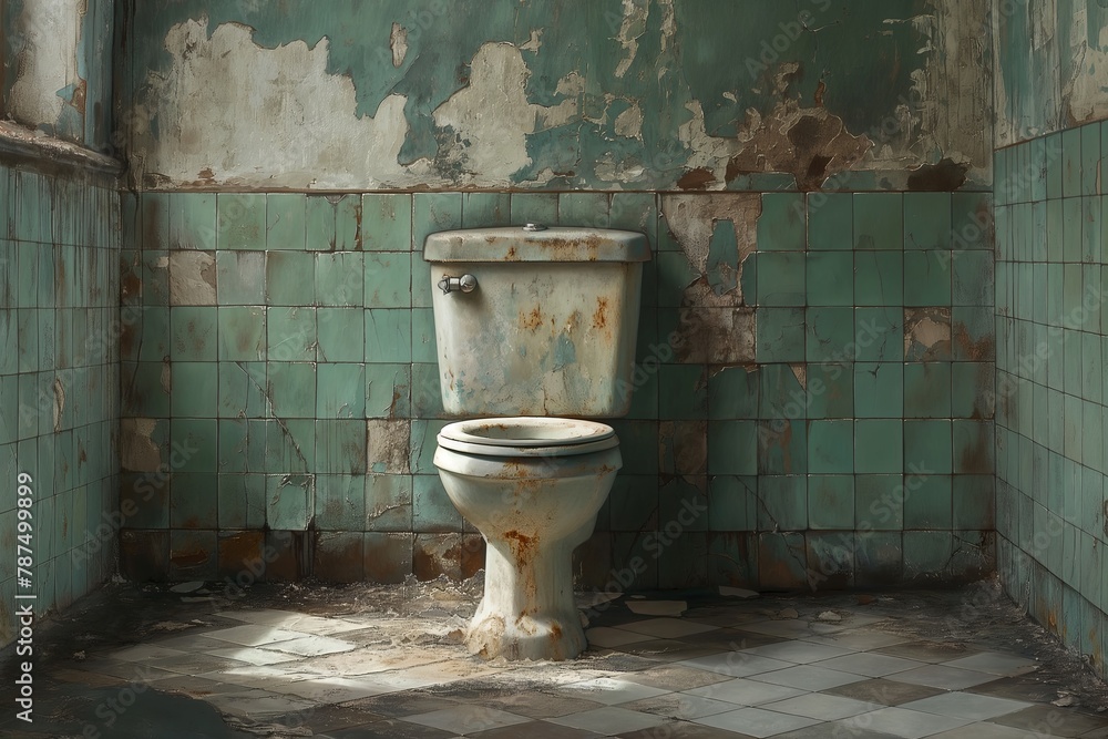 A condemned bathroom with dirty toilets in an abandoned warehouse ...