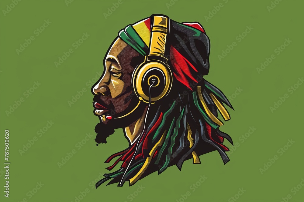 vector logo of Rastafarian with headphones on green background, in the ...