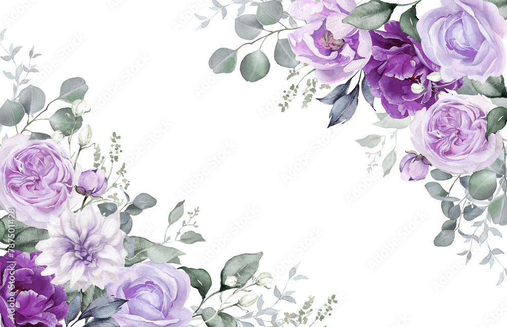 Watercolor floral corner border. Violet flowers and eucalyptus greenery ...