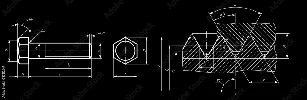 Vector engineering cad drawing of a mechanical part ( steel bolt ) with ...