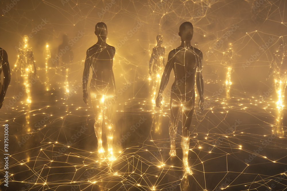 Ethereal figures stand connected by glowing pathways, symbolizing the ...