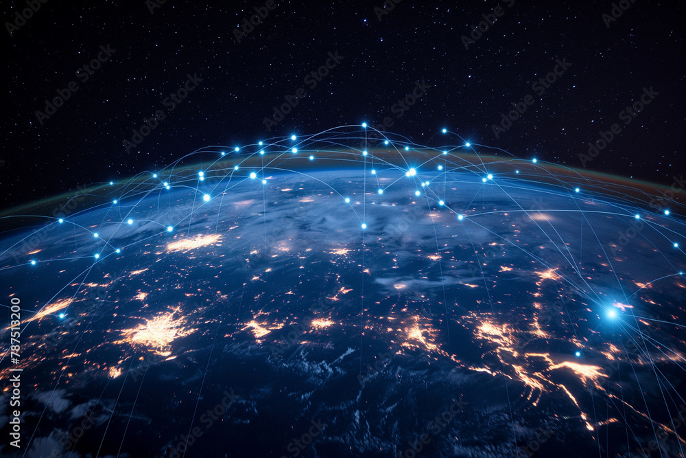 The planet Earth surrounded by digital pathways linking continents ...