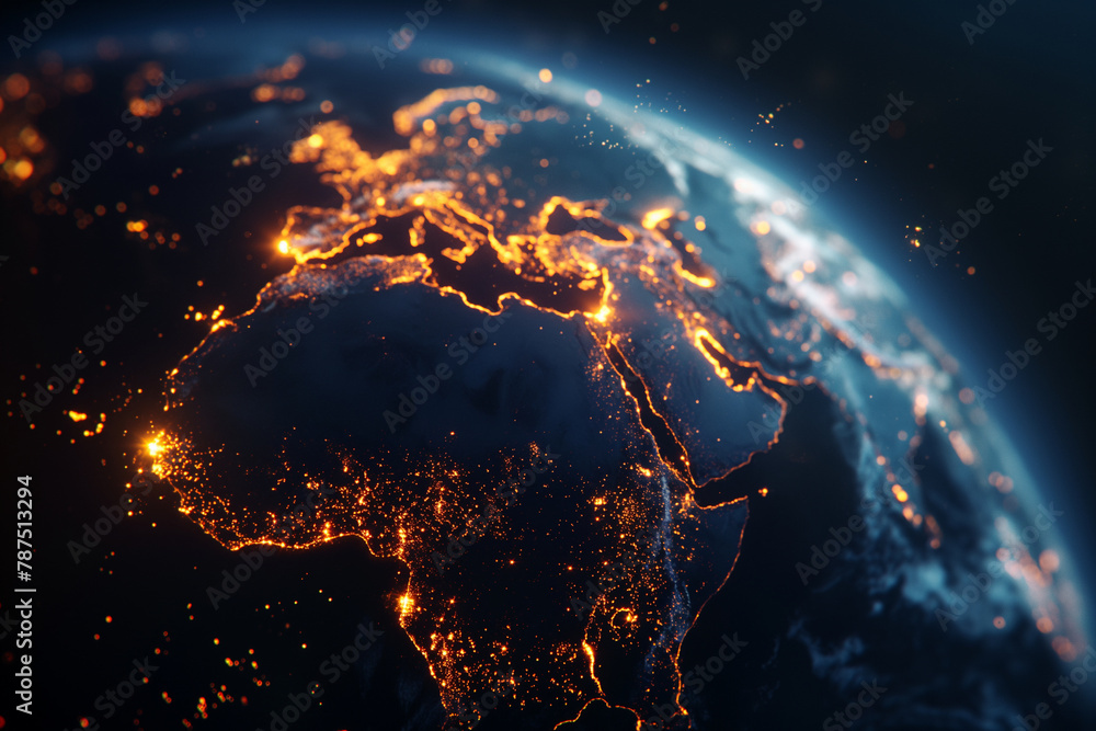 A stylized depiction of the planet Earth with glowing pathways ...