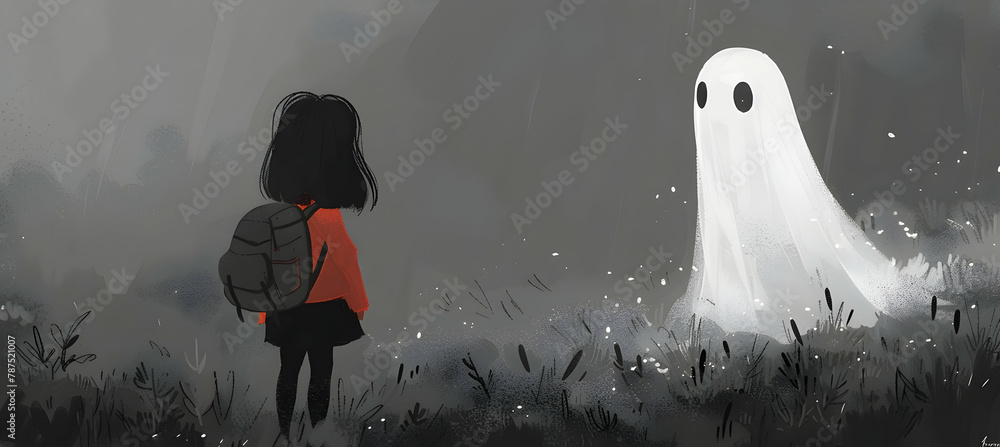 Design a minimalist line drawing of a fictional ghost hunter, using ...