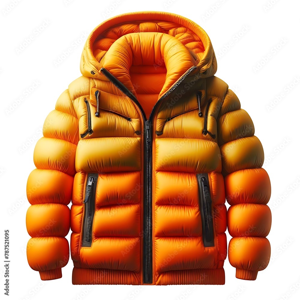 Elegant Orange Puffer Jacket with Black Zippers and Buckles Detailing ...