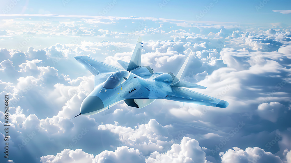 The main subject is a fighter jet painted in a light blue color ...