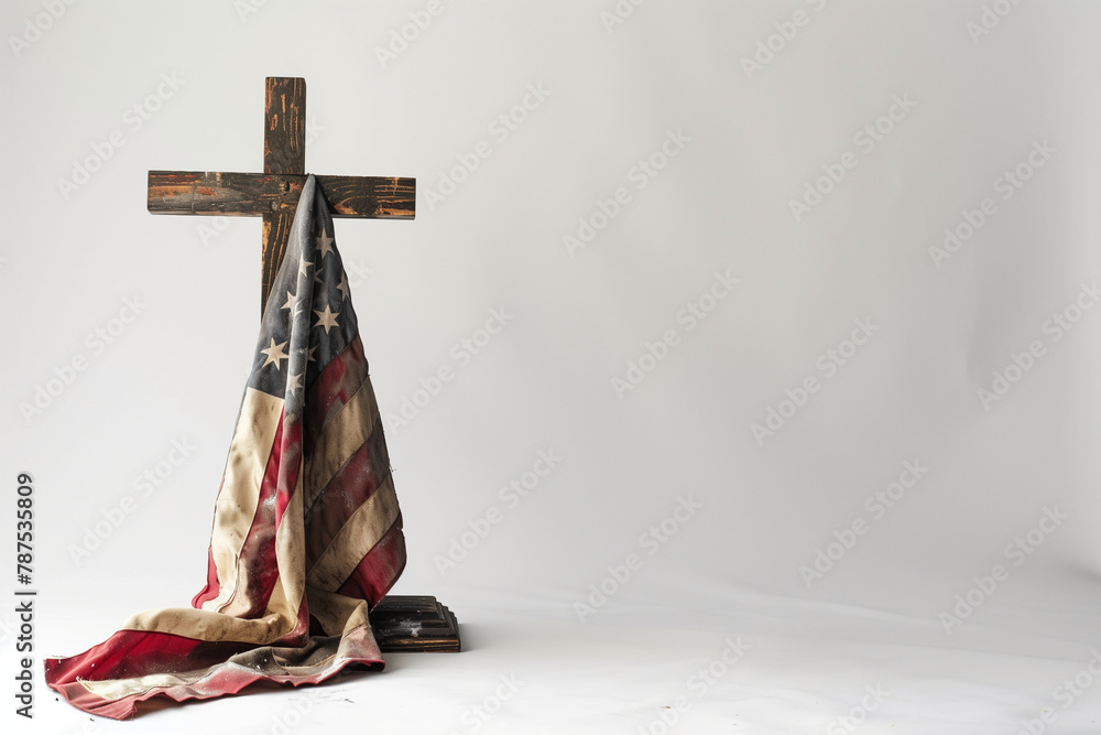 solemn photograph capturing a lone USA flag draped over a memorial ...
