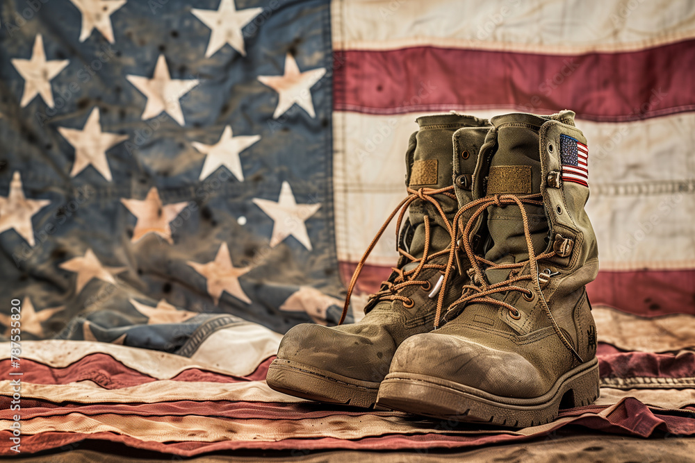 respectful image of pair of military boots placed in front of a USA ...