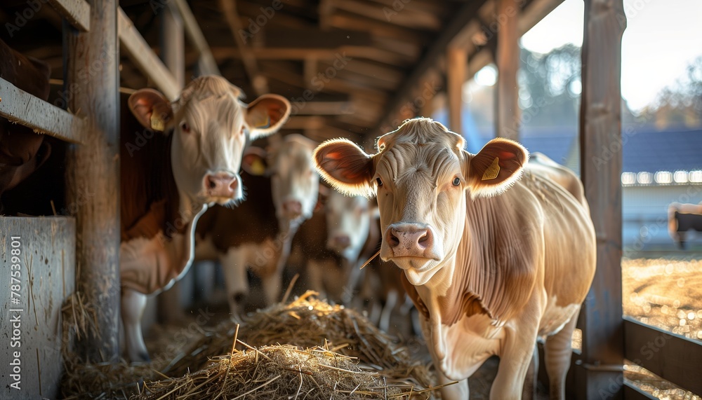 Beautiful herd of purebred cows in the cowshed of a modern farm with ...