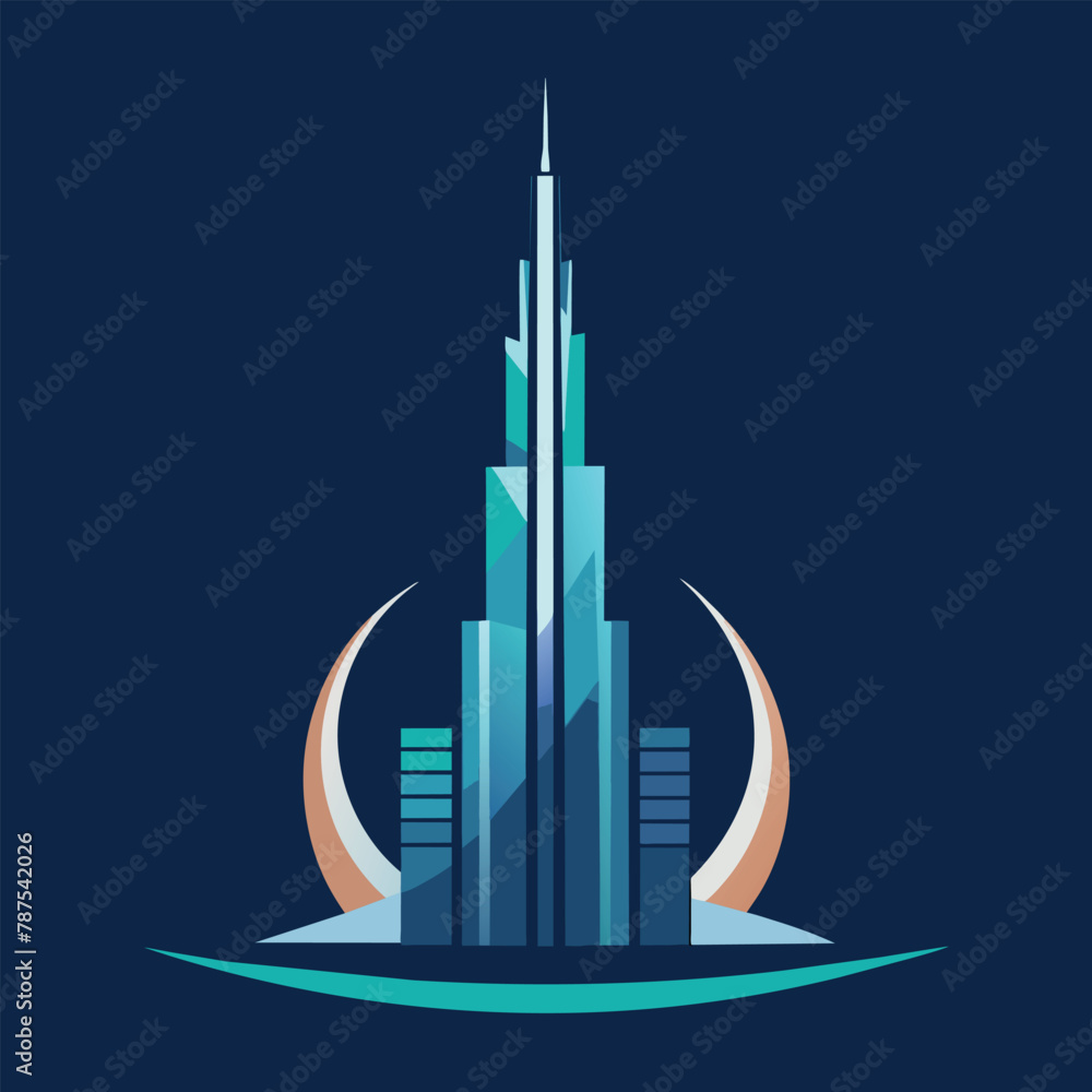A tall skyscraper resembling the Burj Khalifa in Dubai, with a crescent ...