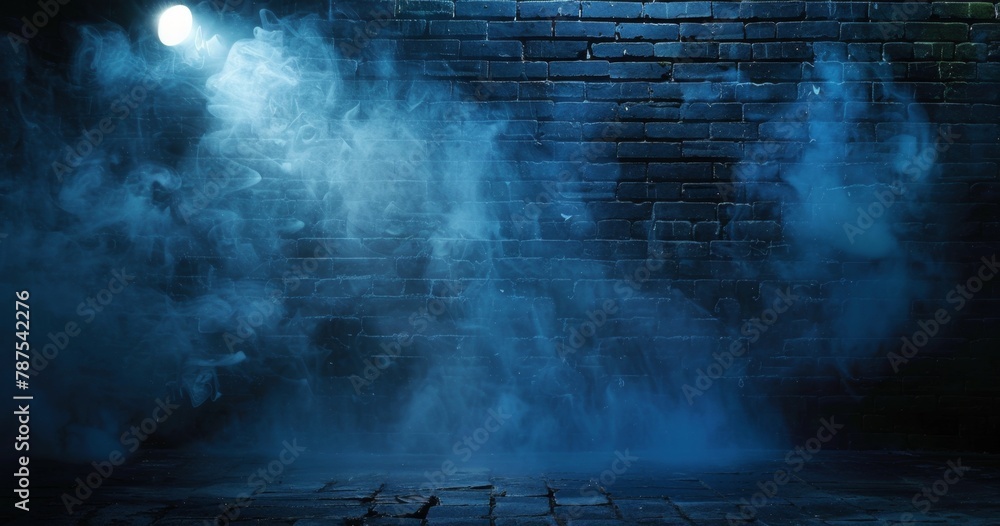 Dark background, brick wall with spotlight, smoke and fog, dark blue ...