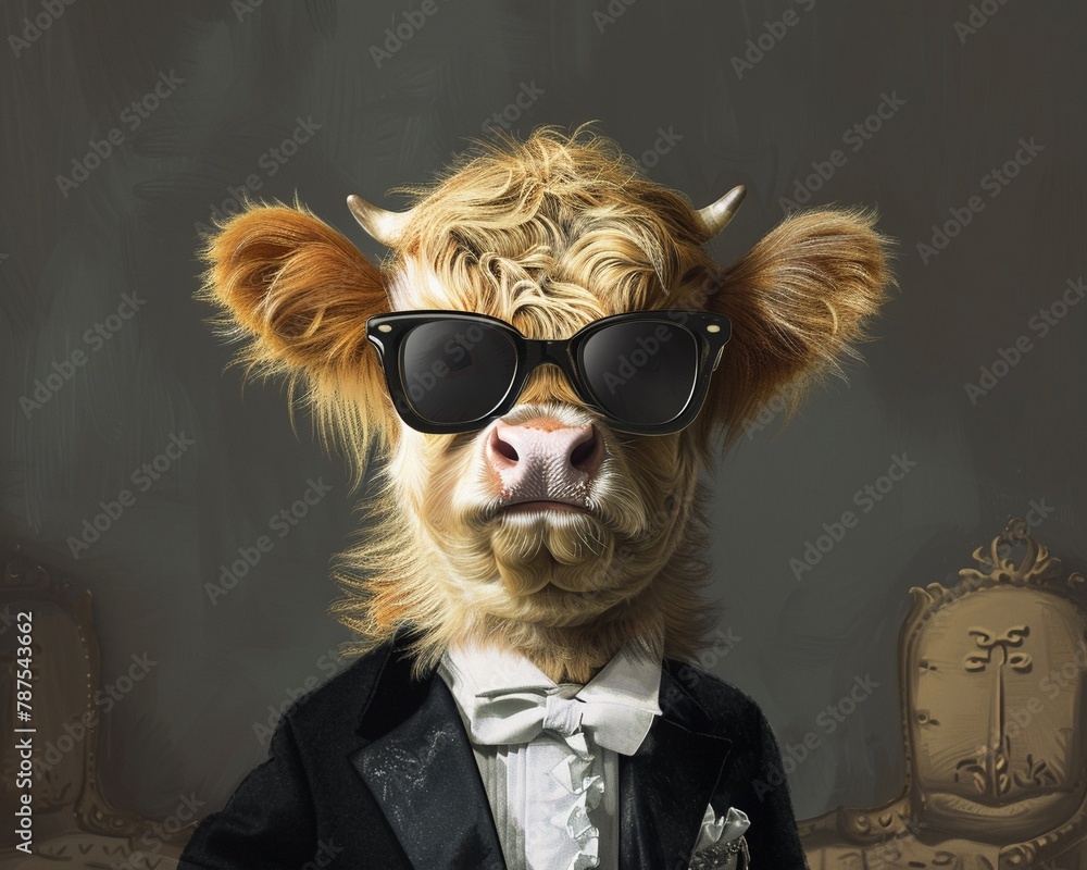 Baby highland cow in a tuxedo and classic black sunglasses, elegant ...