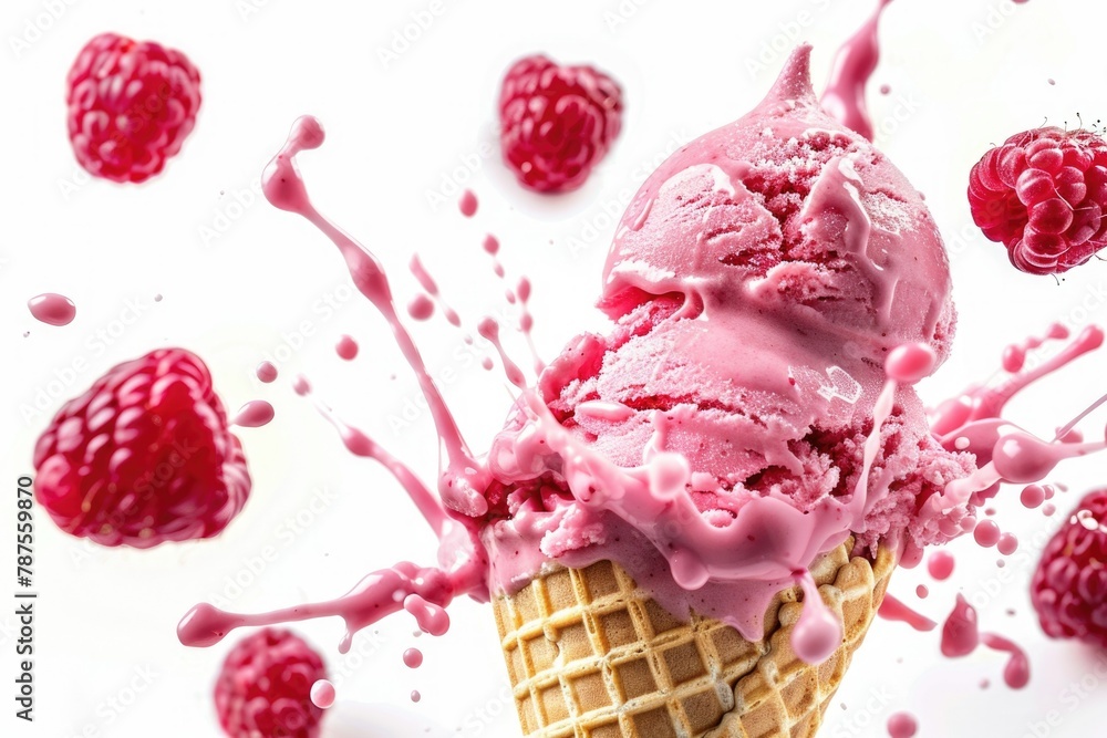 waffle cone raspberry scoop ice cream around ripe raspberries. White ...