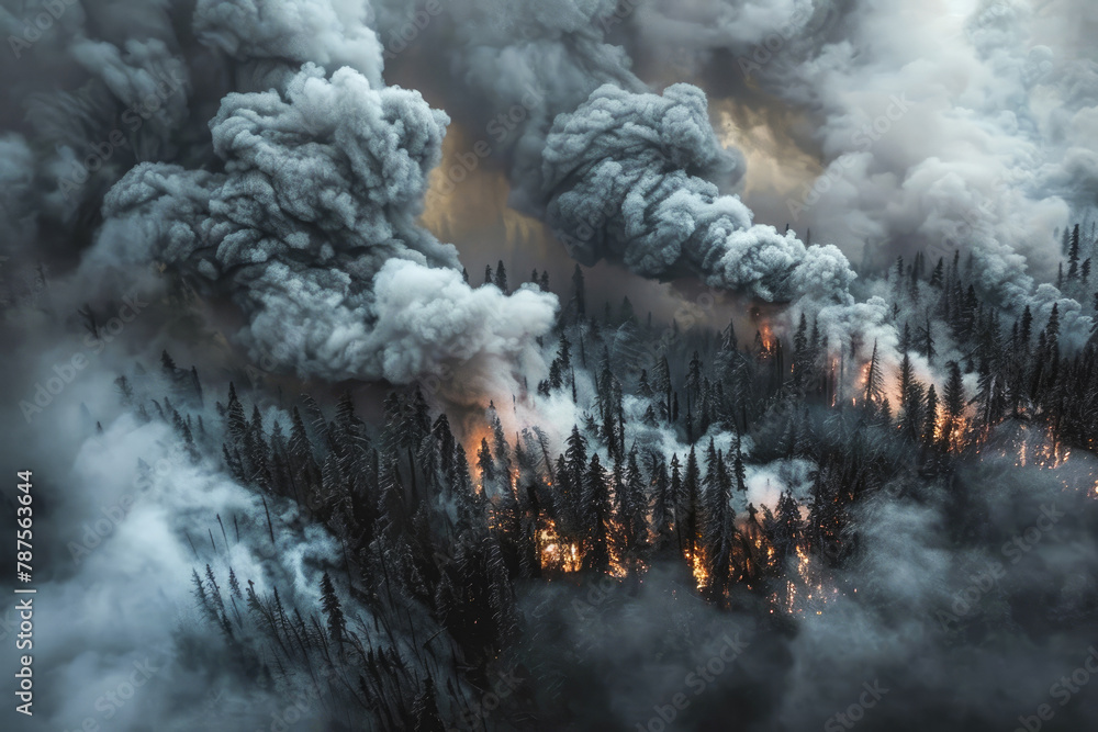 Thick, billowing black smoke ascends from a raging fire within a dense ...