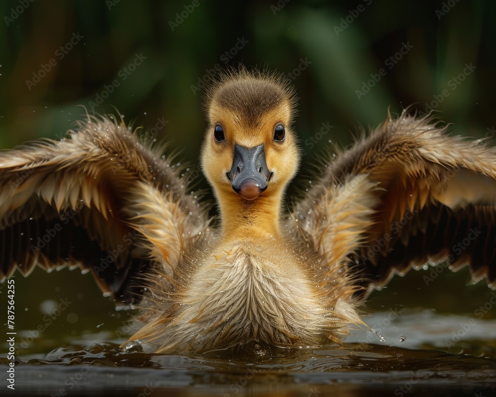 A detailed image of a young gosling's first wing flaps, an emblem of ...