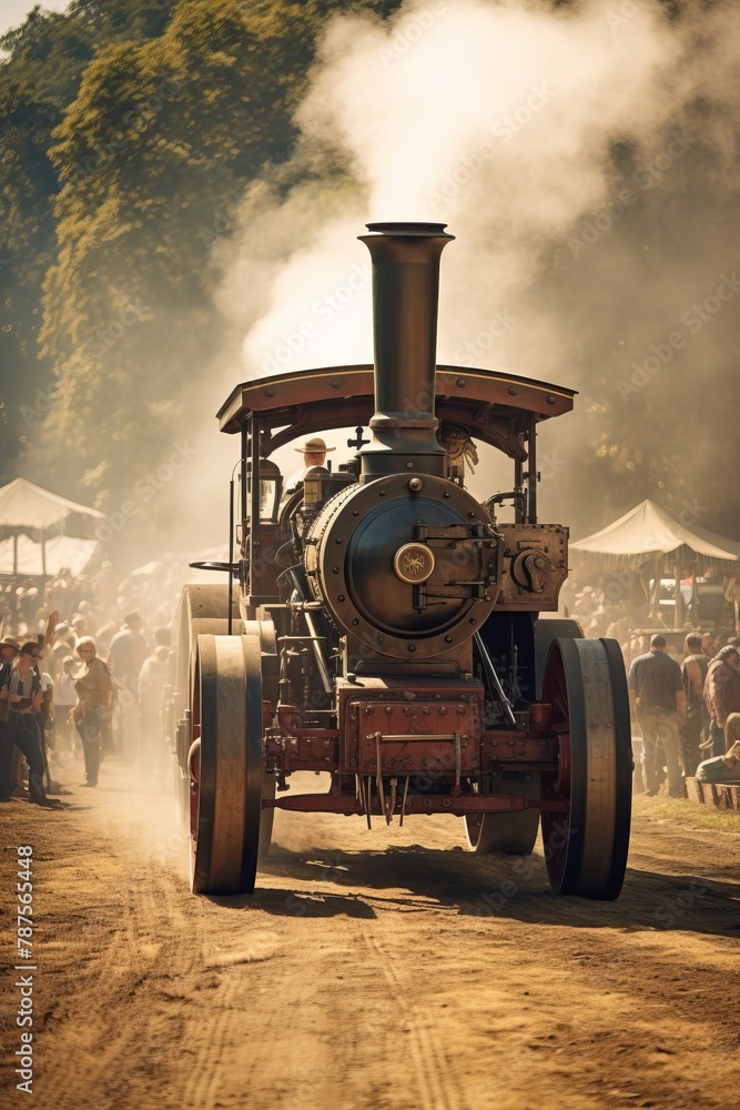 An antique steam-powered tractor is chugging along a dusty dirt road ...