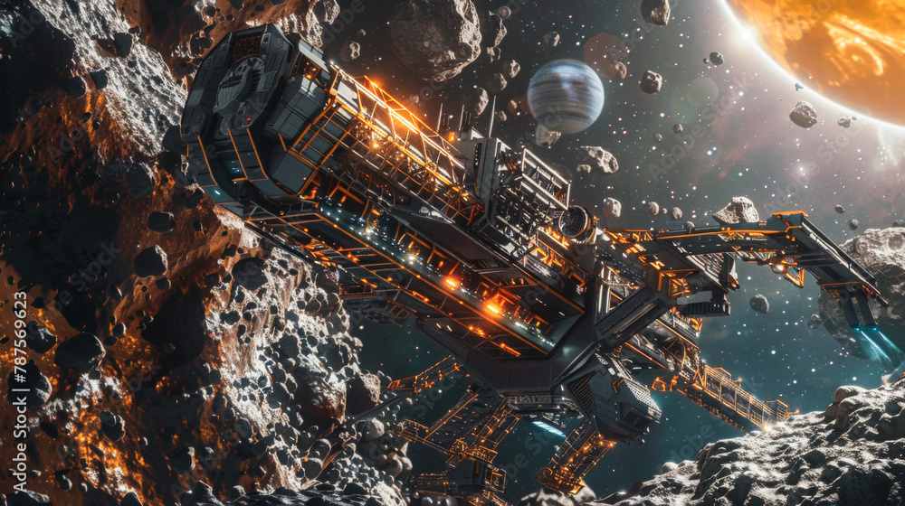 Space Exploration Vessel Amidst Asteroids and Gas Giant Planet in Deep ...