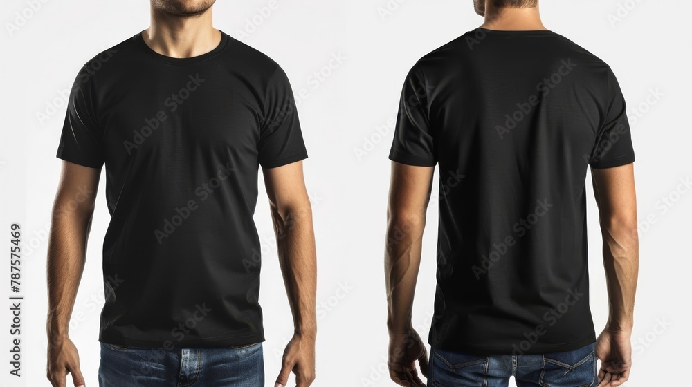 Front and back view Young man donning stylish black t shirt Stock Photo ...