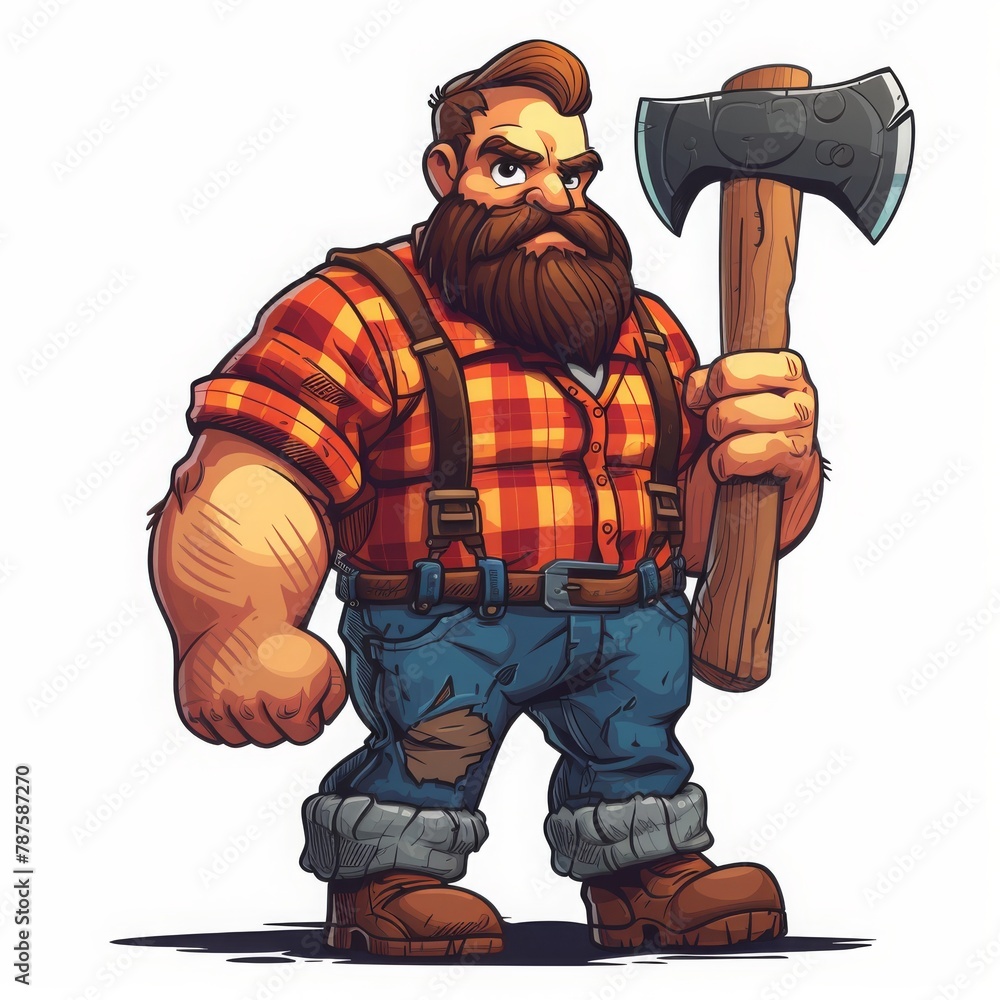 lumberjack with ax with cartoon muscular muscles on a solid white ...