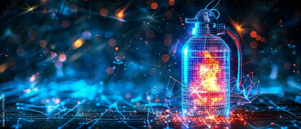 digital smart blue fire extinguisher with glowing data streams, ai in ...