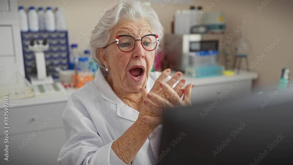 Amazed female senior, grey-haired, clad in scientist uniform ...