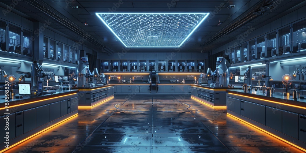Contemporary nano tech lab with sleek surfaces and minimalist design, a ...