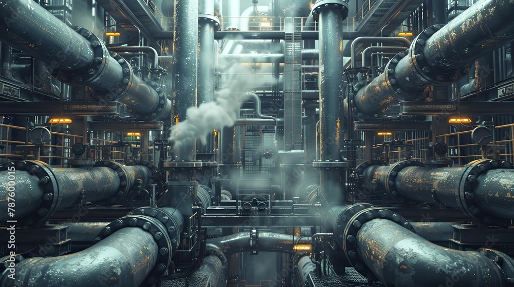 Labyrinth of pipes and valves in an old chemical plant, steam escaping ...