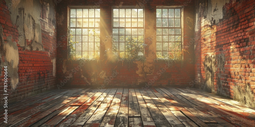 Old factory with rustic charm, sunlit patches on worn wooden floors ...