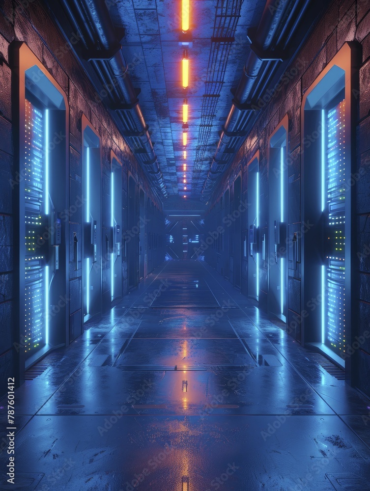 Underground bunker converted into a high tech server farm, cool blue ...