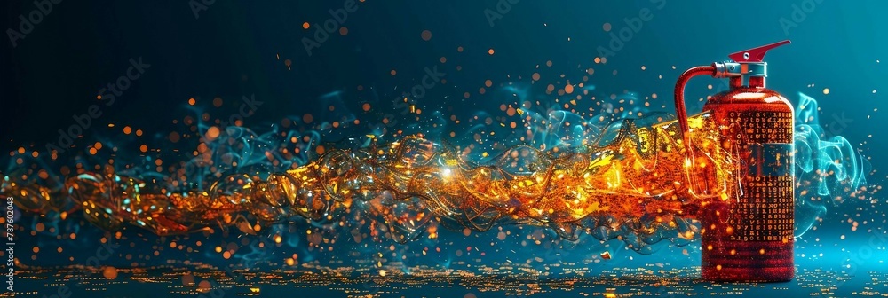 digital smart yellow fire extinguisher with glowing binary code digits ...