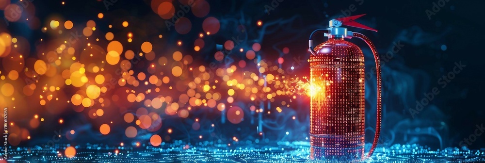 digital smart yellow fire extinguisher with glowing binary code digits ...