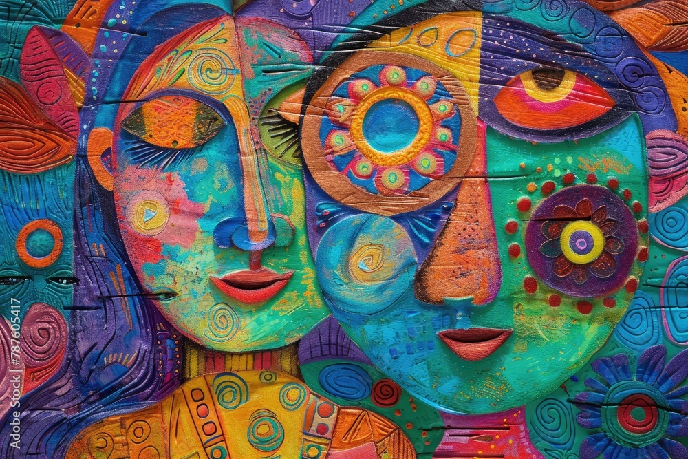 colorful and abstract mural showcasing multiple human faces intertwined ...