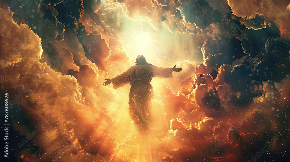 Jesus Christ ascending to heaven above the bright light sky and clouds ...