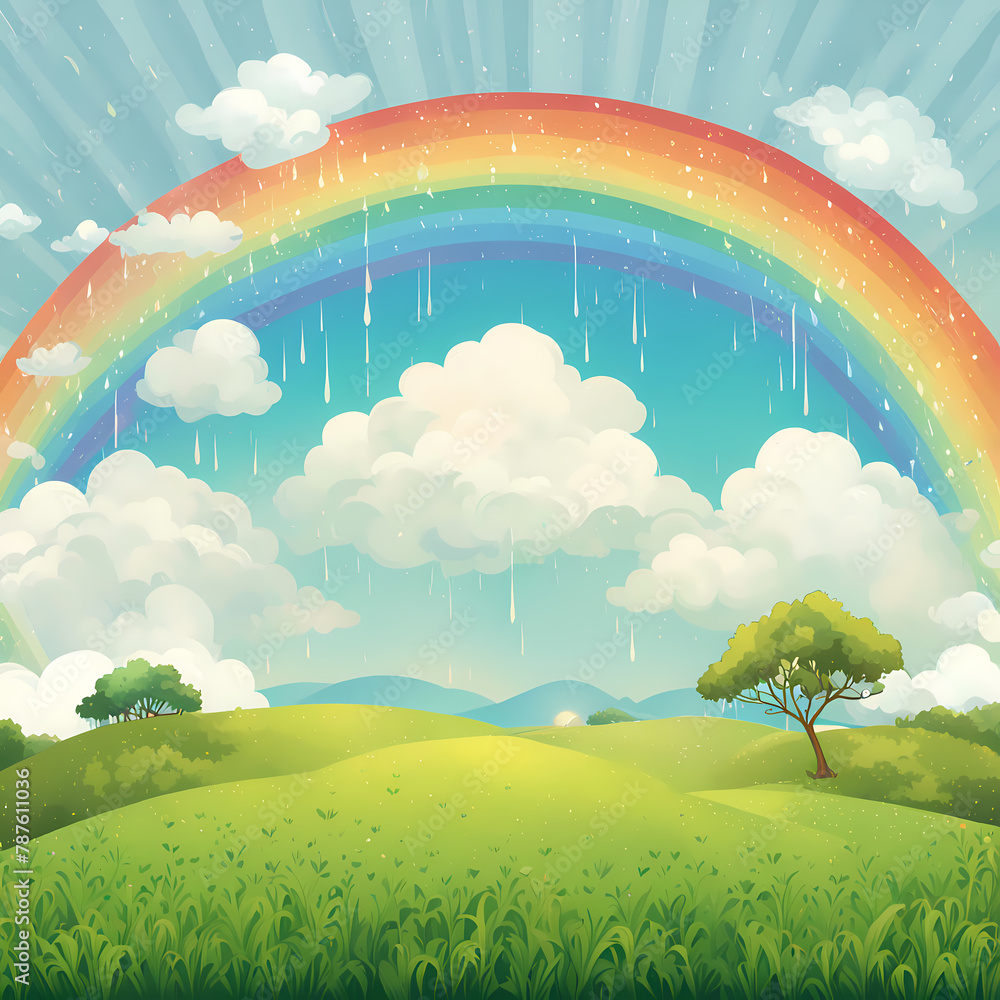 Field illustrations with rainbow floating, children's book ... Field illustrations with rainbow floating, children's book ...