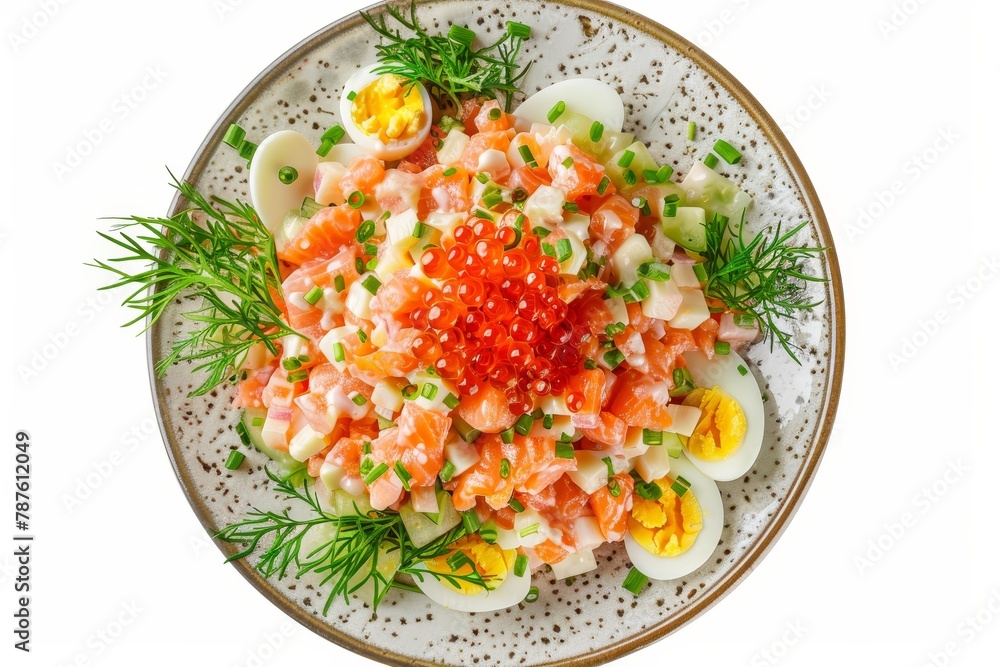 Russian salad with vegetables eggs salmon or cod liver topped with ...