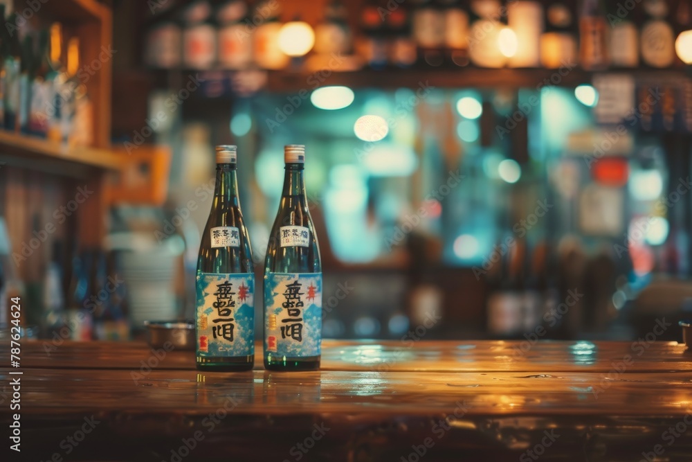 Blurry bar background with Japanese sake bottles Stock Photo | Adobe Stock