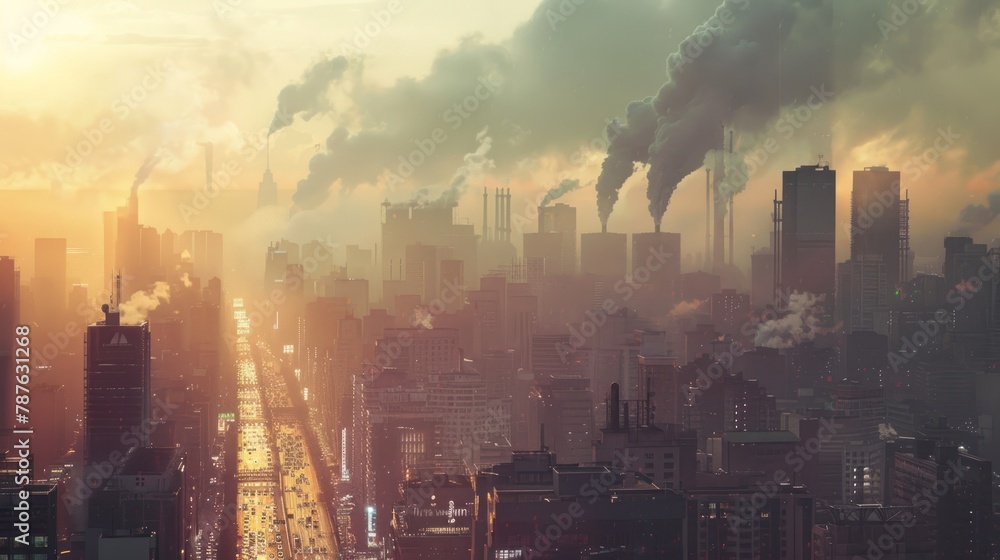 A bustling city overshadowed by a giant carbon footprint, illustrating ...