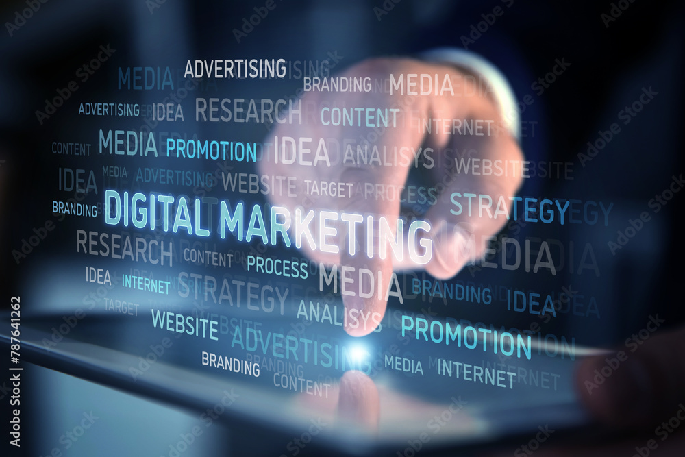 Digital marketing. Businessman touching tablet, closeup. Virtual word ...