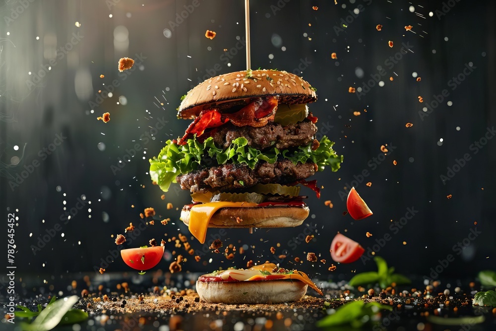 deconstructed double cheeseburger with exploding ingredients flying bun ...