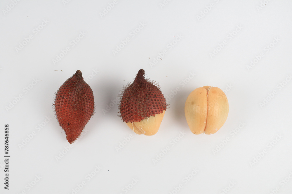 Salak snake fruit on white background. Isolated whole and halved sweet ...