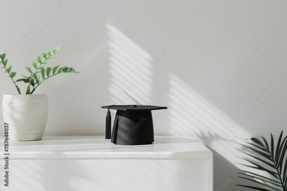 Graduation cap on a white surface with shadows from window blinds ...