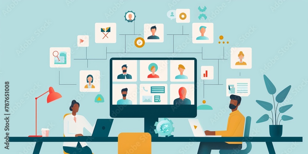 A computer monitor shows a group of people on a screen. The people are ...