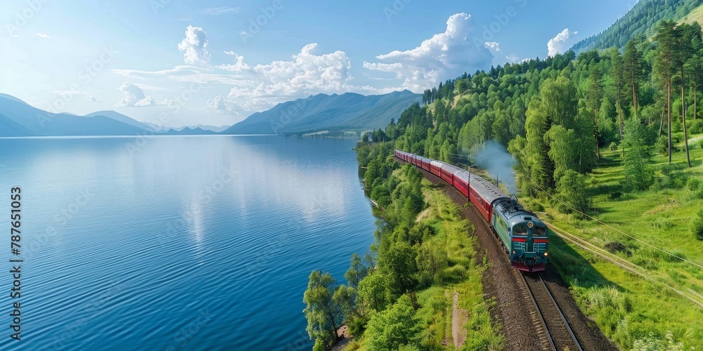 A train is traveling down a track next to a body of water. The train is ...