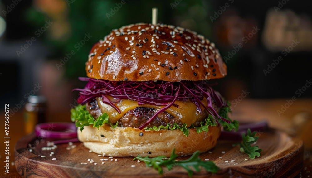 Classic sesame seed cheeseburger Fresh crispy chicken burger with ...